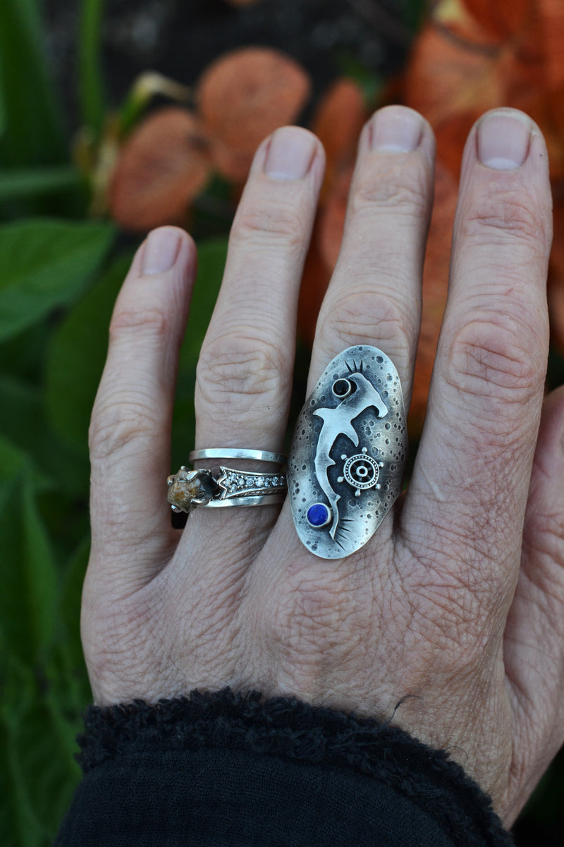 Hammerhead Shark / Helm Saddle Ring - Will fit like a Size 9 - Lapis L ...